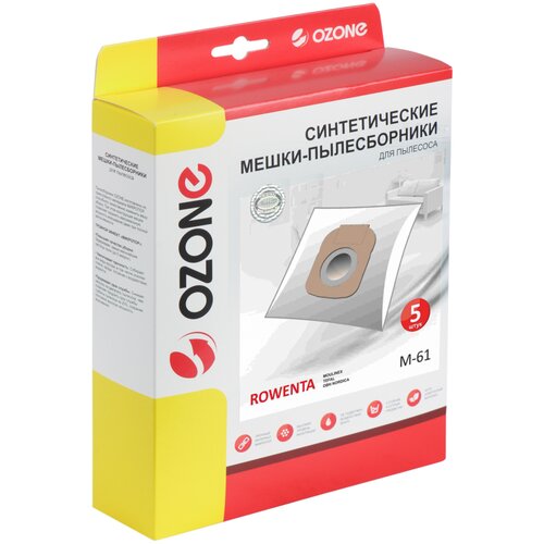 Мешки-пылесборники Ozone M-61 синтетические 5 шт + микрофильтр для MOULINEX, OBH NORDICA, ROWENTA и др.