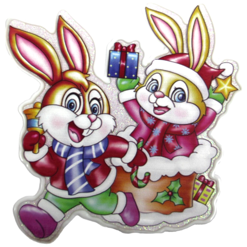 Новогодняя наклейка на окно-два кролика с подарками