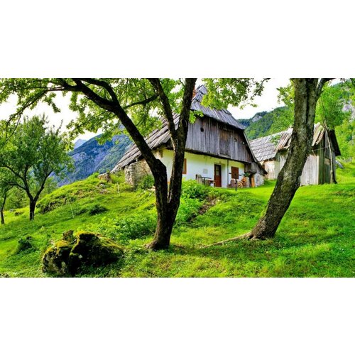 Картина на холсте 60x110 LinxOne "Дом в горах" интерьерная для дома / на стену / на кухню / с подрамником