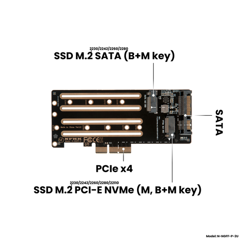 Адаптер-переходник / плата расширения низкопрофильная для установки накопителей SSD M.2 SATA (B+M key) в разъем SATA / M.2 PCIe NVMe (M key) в слот PCIe 3.0 x4