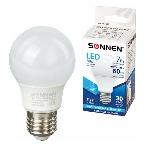 Лампа светодиодная SONNEN 7 (60) Вт цоколь Е27 груша нейтральный белый свет 30000 ч LED A55-7W-4000-E27, 5 шт