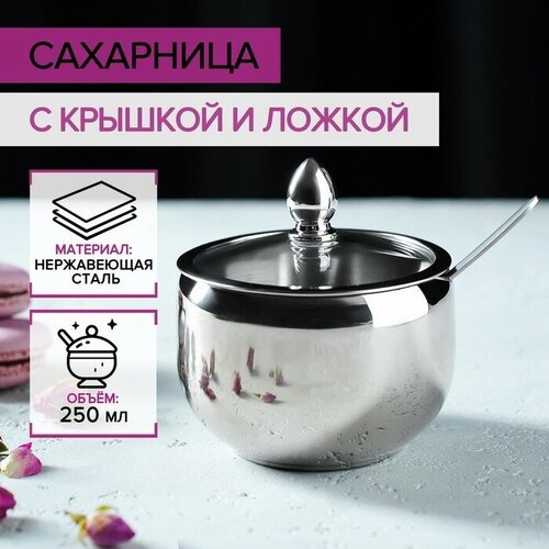 Доляна Сахарница из нержавеющей стали с крышкой и ложкой, 250 мл, 8,5×10 см, цвет серебряный