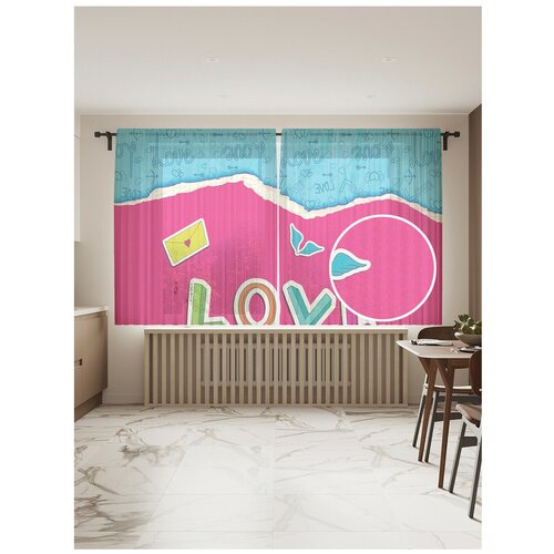 Тюль, фототюль короткий JoyArty "Признание в любви" высота 180 см, ширина 145 см (2 полотна) на шторной ленте, крючки в комплекте