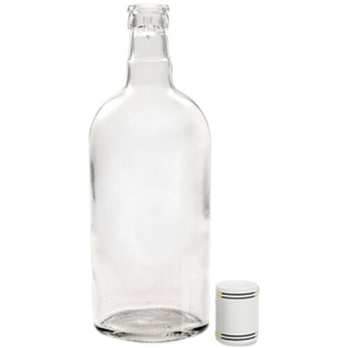 Бутылка гуала "фляжка", 0,5 л + Пробка-колпачок "Гуала", полимерная, белая с золотыми кольцами, Н58 мм - 50 шт.