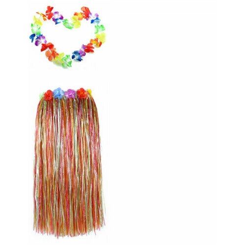 Гавайская юбка длинная разноцветная с цветочками 80 см, гавайское ожерелье 96 см