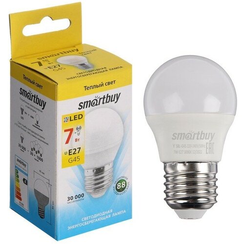 Лампа cветодиодная Smartbuy, G45, Е27, 7 Вт, 3000 К, теплый белый свет