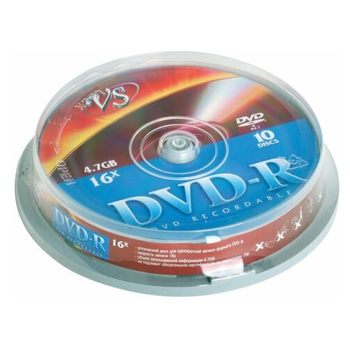 Диски DVD-R VS 4,7 Gb Cake Box (упаковка на шпиле), комплект 10 шт, VSDVDRCB1001 (арт. 511542)