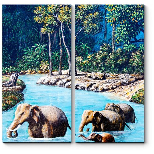 Модульная картина Семья слонов переправляется через реку 40x40