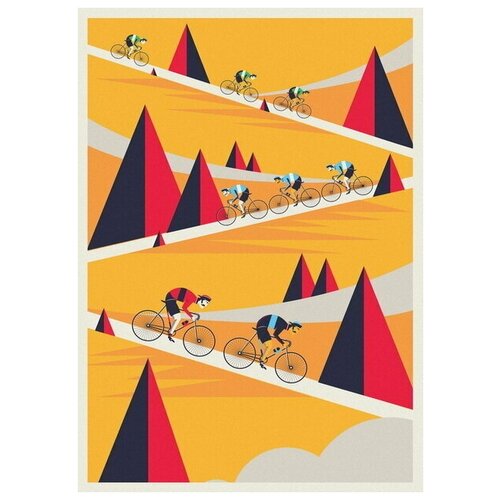 Плакат, постер на бумаге велогонка. Спуск с гор. Велоспорт. Размер 21 х 30 см