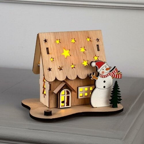 Светодиодная фигура «Дом со снеговиком» 11 ? 15 ? 3 см, дерево, батарейки LR41х3, свечение тёплое белое