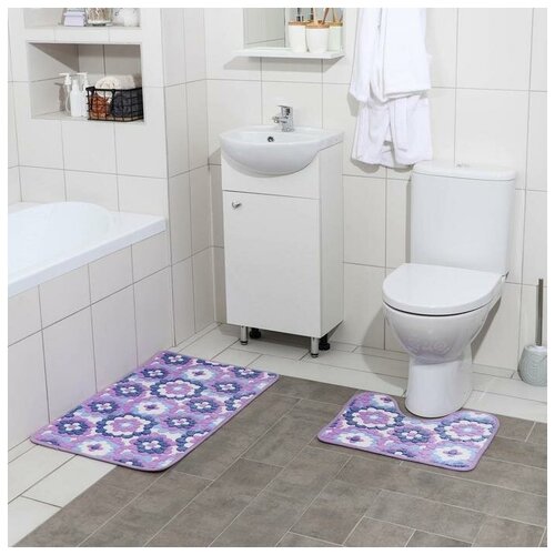Набор ковриков для ванной и туалета Доляна «Фиолетовые цветы», 2 шт, 40×50, 50×80 см