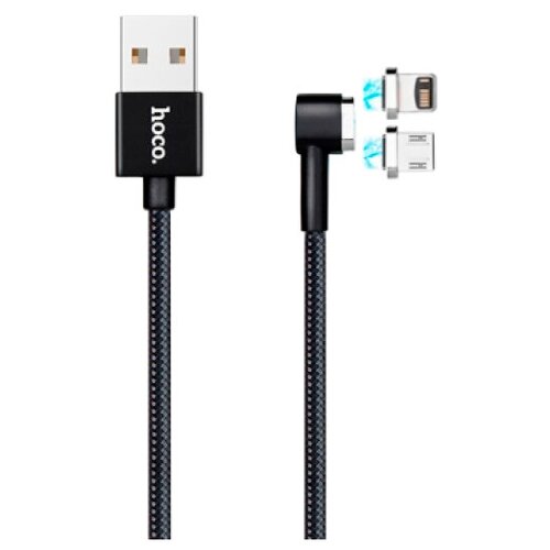 Кабель Hoco U20 Magnetic L-Shape USB - Lightning/microUSB, 1 м, 1 шт., черный