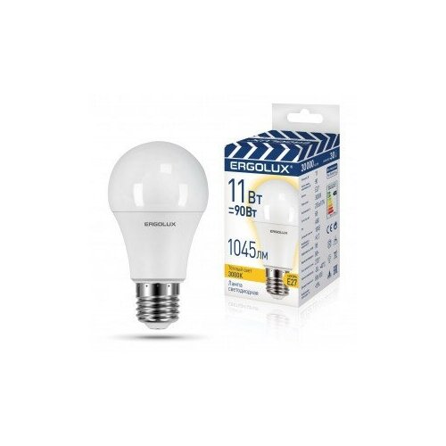 Светодиодная LED лампа Ergolux ЛОН A60 E27 11W(1045lm 270°) 3000K 2K матовая 106x60 пластик/алюм. LED-A60-11W-E27-3K (упаковка 18 штук)