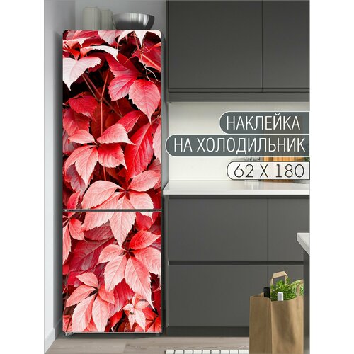 Интерьерная наклейка на холодильник "Красные листья" для декора дома, размер 62х180 см