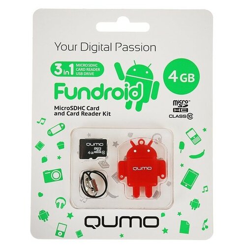 Micro SD с адаптером USB 4Гб, USB 2.0, Qumo, Fundroid, красная.