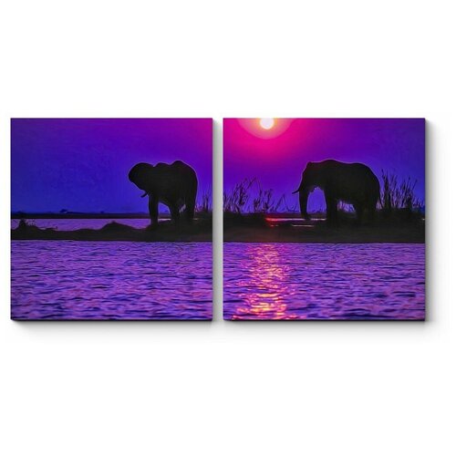 Модульная картина Слоны на водопое 50x25