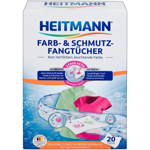 Салфетки для стирки Heitmann для предотвращения случайной окраски при машинной стирке, 0.1 кг, защита от окрашивания, для деликатных тканей, 20 шт.