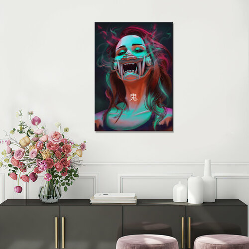 Интерьерная картина на холсте - Девушка в маске киберпанк розово-бирюзовый арт 50х70