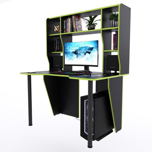 Компьютерный стол "Старк" с большой надстройкой, 120х90х152,6 см, чёрный с зелёной кромкой