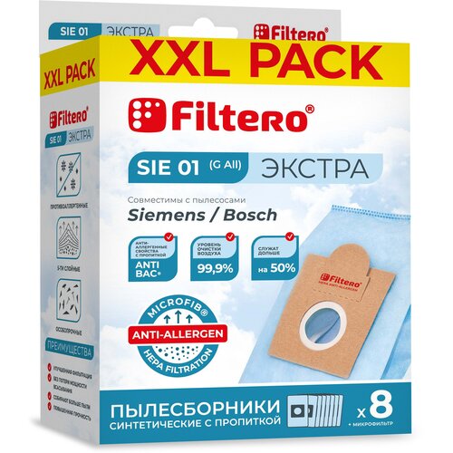 Filtero Мешки-пылесборники Filtero SIE 01 XXL Pack Экстра, для пылесосов Bosch, Siemens, синтетические, 8 штук+ фильтр, голубой, 9 шт.