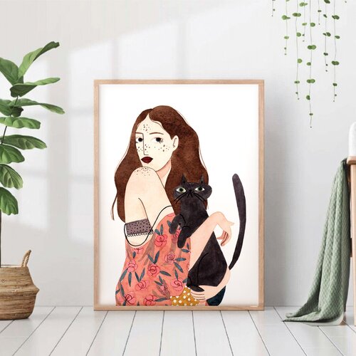 Постер без рамки "Брунна Манкузо девушка с кошкой " 30 на 40 в тубусе / Картина для интерьера / Плакат / Постер на стену / Интерьерные картины