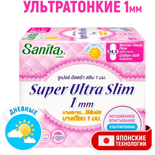 SANITA Прокладки женские ультратонкие (1 мм) Super Ultra Slim мягкие гигиенические / Дневные, одноразовые, без отдушек / С крылышками и сеточкой 24.5 см, 10 шт
