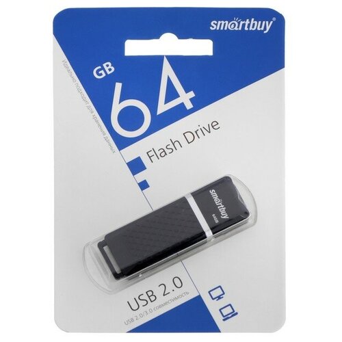 Флешка Smartbuy Quartz series Black, 64 Гб, USB 2.0, чт до 25 Мб/с, зап до 15 Мб/с, чёрная