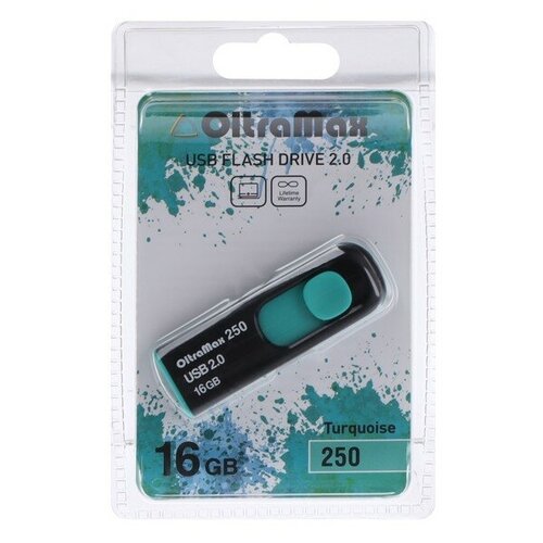 Флешка OltraMax 250, 16 Гб, USB2.0, чт до 15 Мб/с, зап до 8 Мб/с, бирюзовая