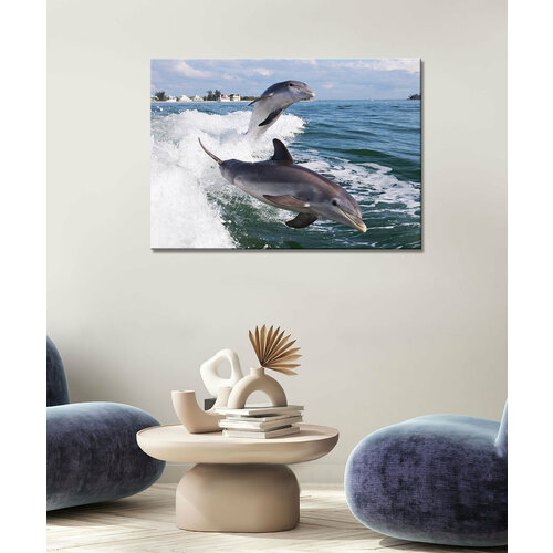 Картина - дельфин, экзотический дельфин, живая природа, дельфин в море (28) 60х80