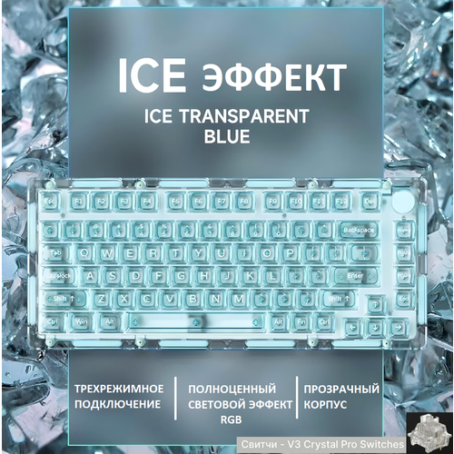 Механическая беспроводная прозрачная клавиатура Monsgeek ICE 75, 75%, Hotswap, RGB, Английская раскладка, голубой