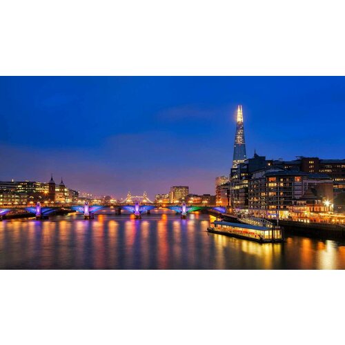 Картина на холсте 60x110 LinxOne "Ночь мост река Лондон огни" интерьерная для дома / на стену / на кухню / с подрамником