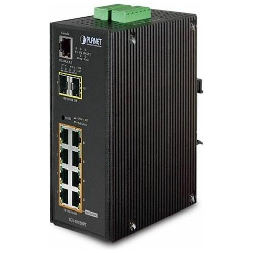Коммутатор PLANET IGS-10020PT (IP30 L2+ SNMP Manageable 8-Port Gigabit POE(Af) Switch + 2-Port Gigabit SFP Industrial Switch (-40 to 75 C), ERPS Ring Supported, 1588)