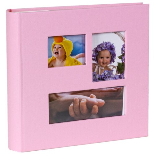 Фотоальбом детский «Три окошка» с кармашками на 200 фото 10х15 см, тканевая обложка, кейс, розовый