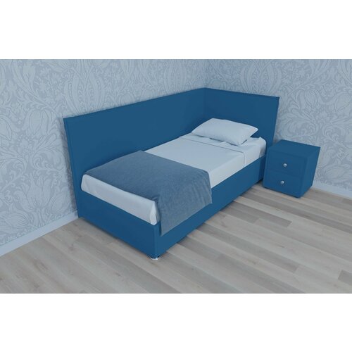 Односпальная кровать Сеул 80x200 с подъемным механизмом и с коробом для белья велюр синий ножки 13 см хром угол левый