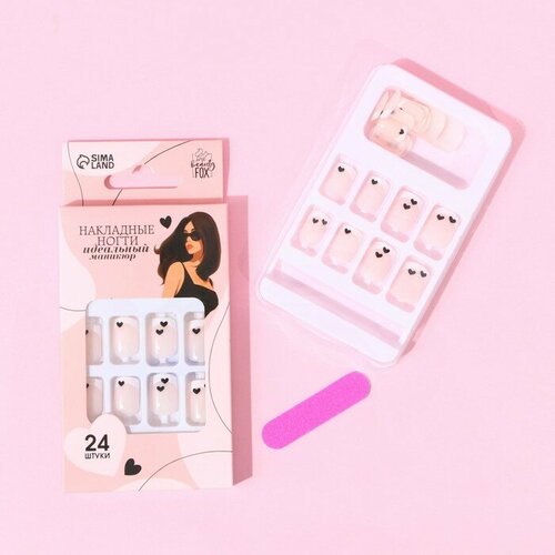 Beauty Fox Накладные ногти «Нежность», 24 шт, клеевые пластины, форма квадрат, цвет глянцевый розовый/белый/чёрный