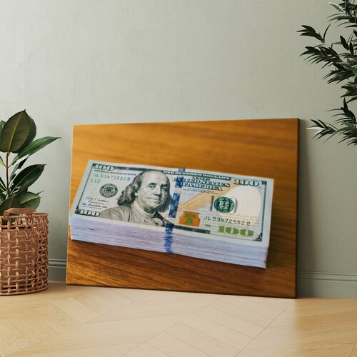 Картина на холсте (Пачка денег на деревянном столе) 30x40 см. Интерьерная, на стену.