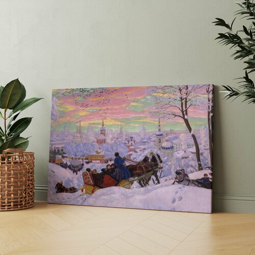Картина на холсте "Картина с изображением конной повозки на снегу" 30x40 см. Интерьерная, на стену.
