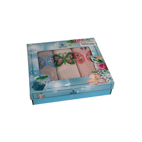 Набор вафельных полотенец с вышивкой 40x60 (3 шт) 740 бабочки V7 Nilteks (розовый-лиловый), Комплект полотенец (3 шт)