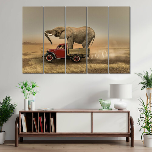 Модульная картина/Модульная картина на холсте/Модульная картина в подарок/слон и автомобиль - elephant and car150х100
