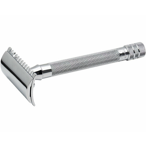 Cтанок Т- образный для бритья MERKUR, открытый зубчатый гребень, длинная ручка, глянцевое хромированное покрытие, лезвие в комплекте (1 шт) 25001