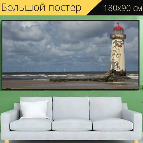 Большой постер "Точка эр маяк, талакре пляж, уэльс" 180 x 90 см. для интерьера