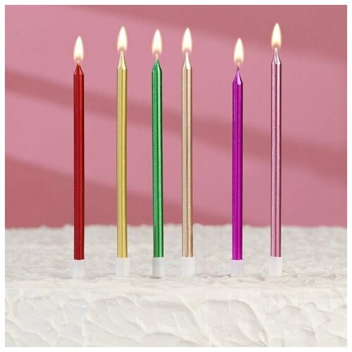Свечи в торт коктейльные "С днем рождения", 6 шт, 13,5 см, металлик