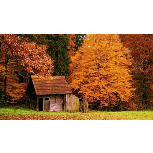 Картина на холсте 60x110 Альянс Лес "Осень природа домик" на подрамнике / интерьер/ декор