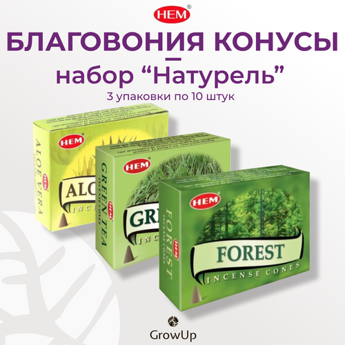 Набор HEM Натурель - 3 упаковки по 10 шт - ароматические благовония, конусовидные, конусы с подставкой - ХЕМ