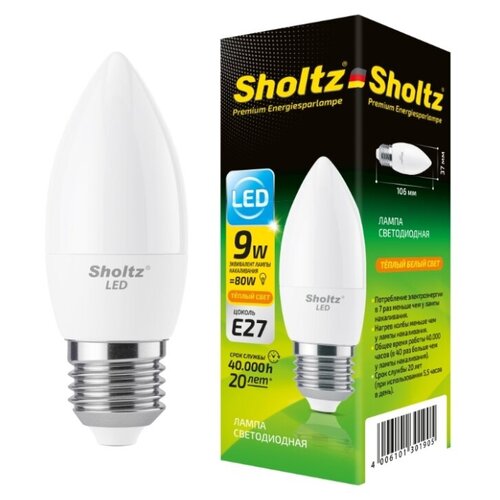 Лампа светодиодная энергосберегающая Sholtz 9Вт 220В C37 E27 2700К пластик(Шольц) LEC3019