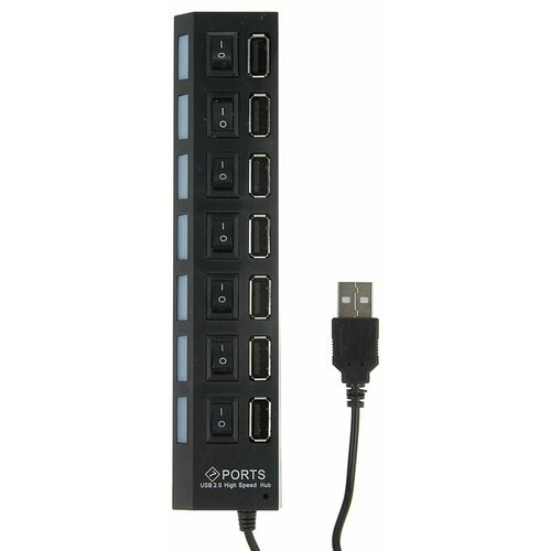 USB-разветвитель LuazON, 7 портов с выключателями, USB 2.0, черный