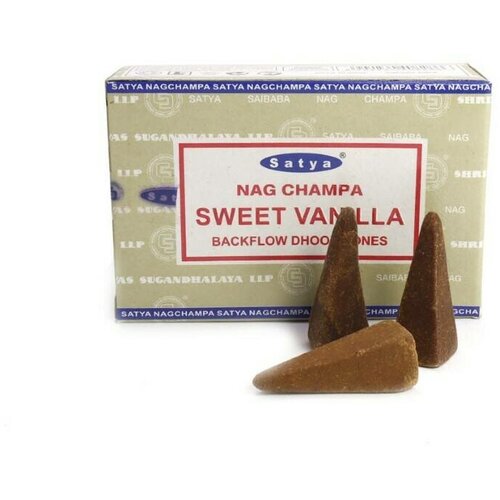 NAG CHAMPA SWEET VANILLA Backflow Dhoop Cones, Satya (НАГ чампа сладкая ваниль благовония пуля стелющийся дым, Сатья), уп. 10 конусов.