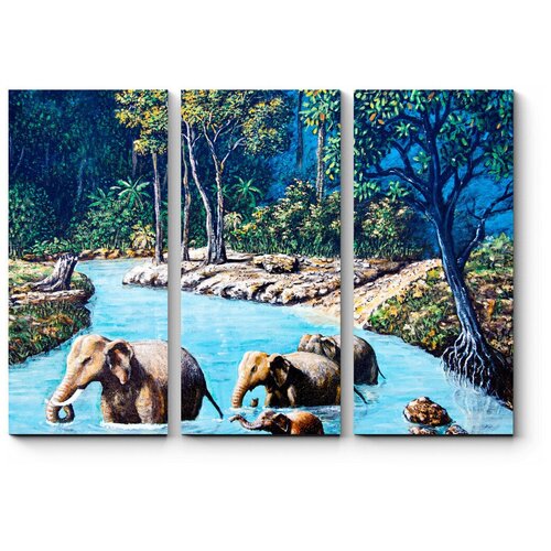 Модульная картина Семья слонов переправляется через реку 60x43