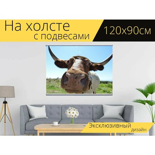 Картина на холсте "Корова, бык, рога" с подвесами 120х90 см. для интерьера