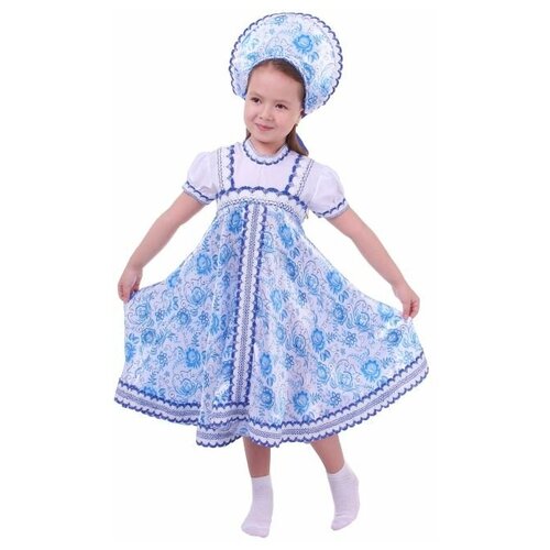 Русский народный костюм для девочки с кокошником, голубые узоры, размер 34, рост 134 см., Страна Карнавалия